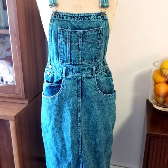 Dresses | Rare Style Vintage Acid Washed Turquoise Skirt Overalls ...